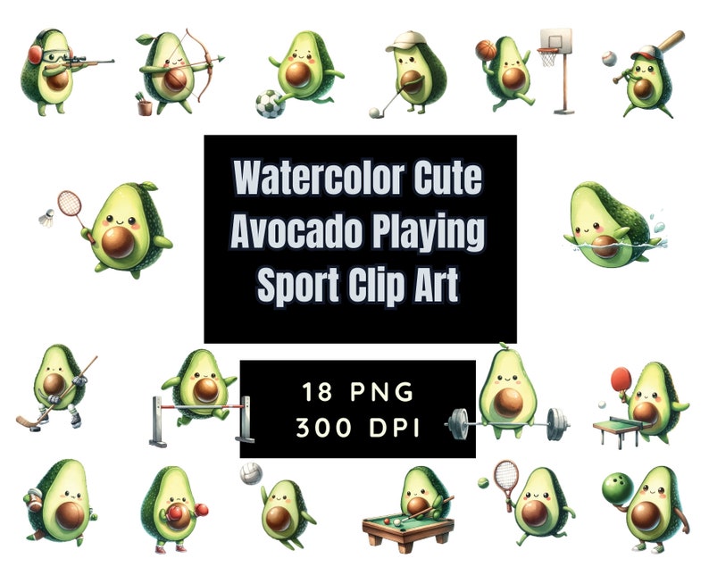 Cute Avocado Playing Sport Clip Art (18 PNG) - Etsy