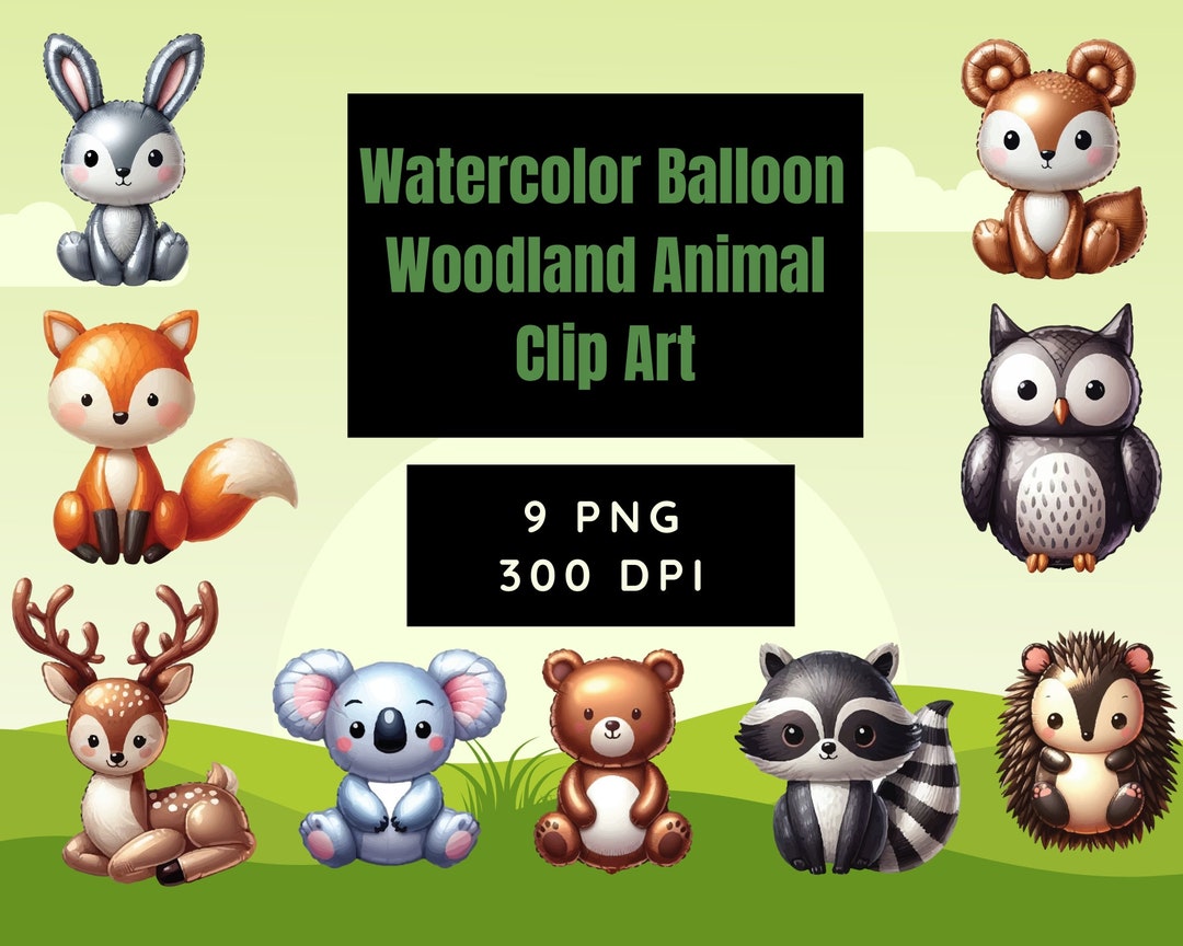 Watercolor Balloon Woodland Animal Clip Art Set (9 PNG) - Etsy