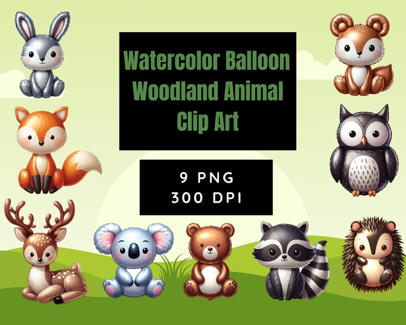 Watercolor Balloon Woodland Animal Clip Art Set (9 PNG) - Etsy