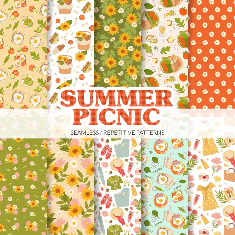 Summer Picnic Seamless Pattern Collection | Whimsical Food, Sunflowers ...