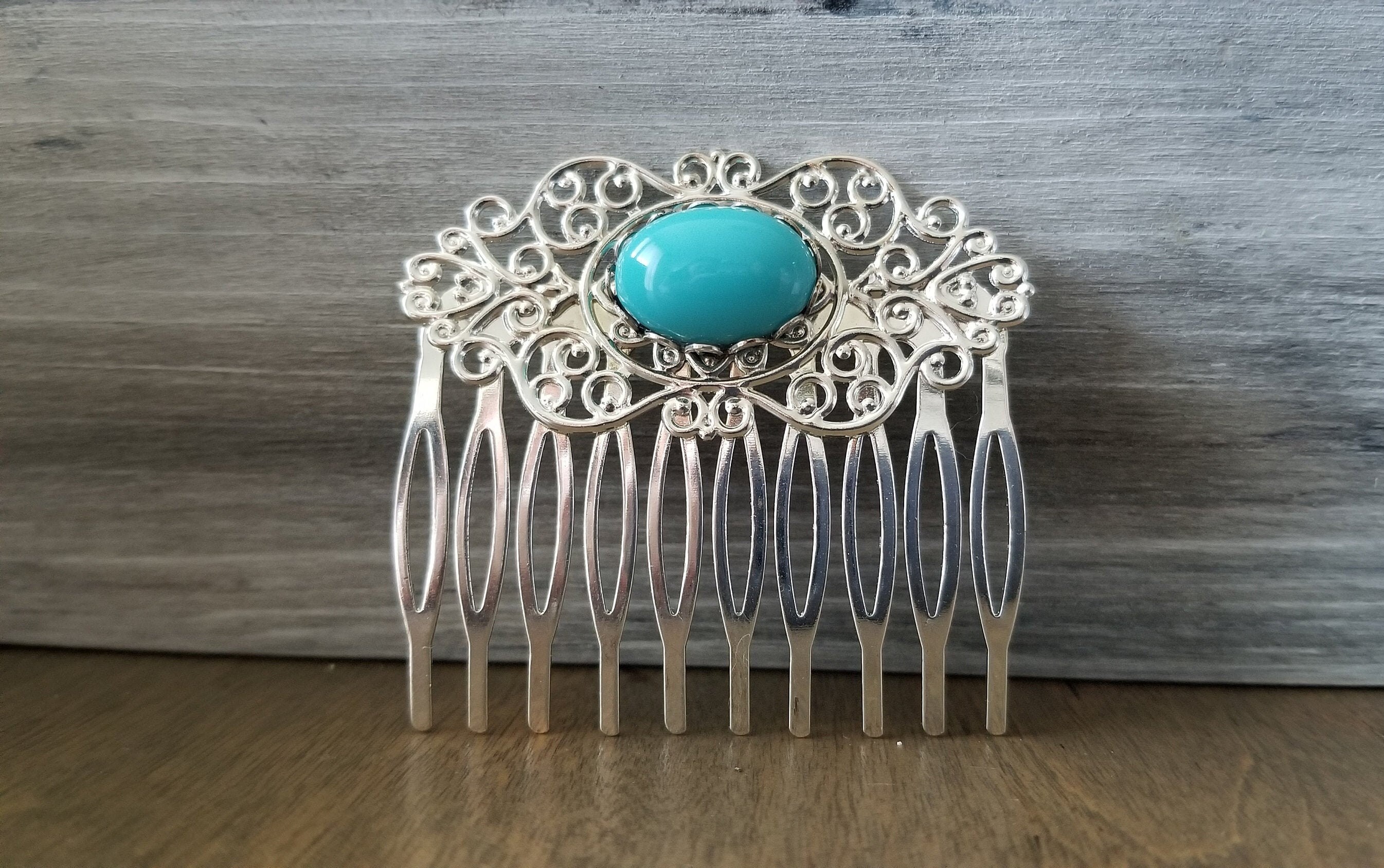 Vintage Style Turquoise Filigree Hair Comb in Silver | Etsy