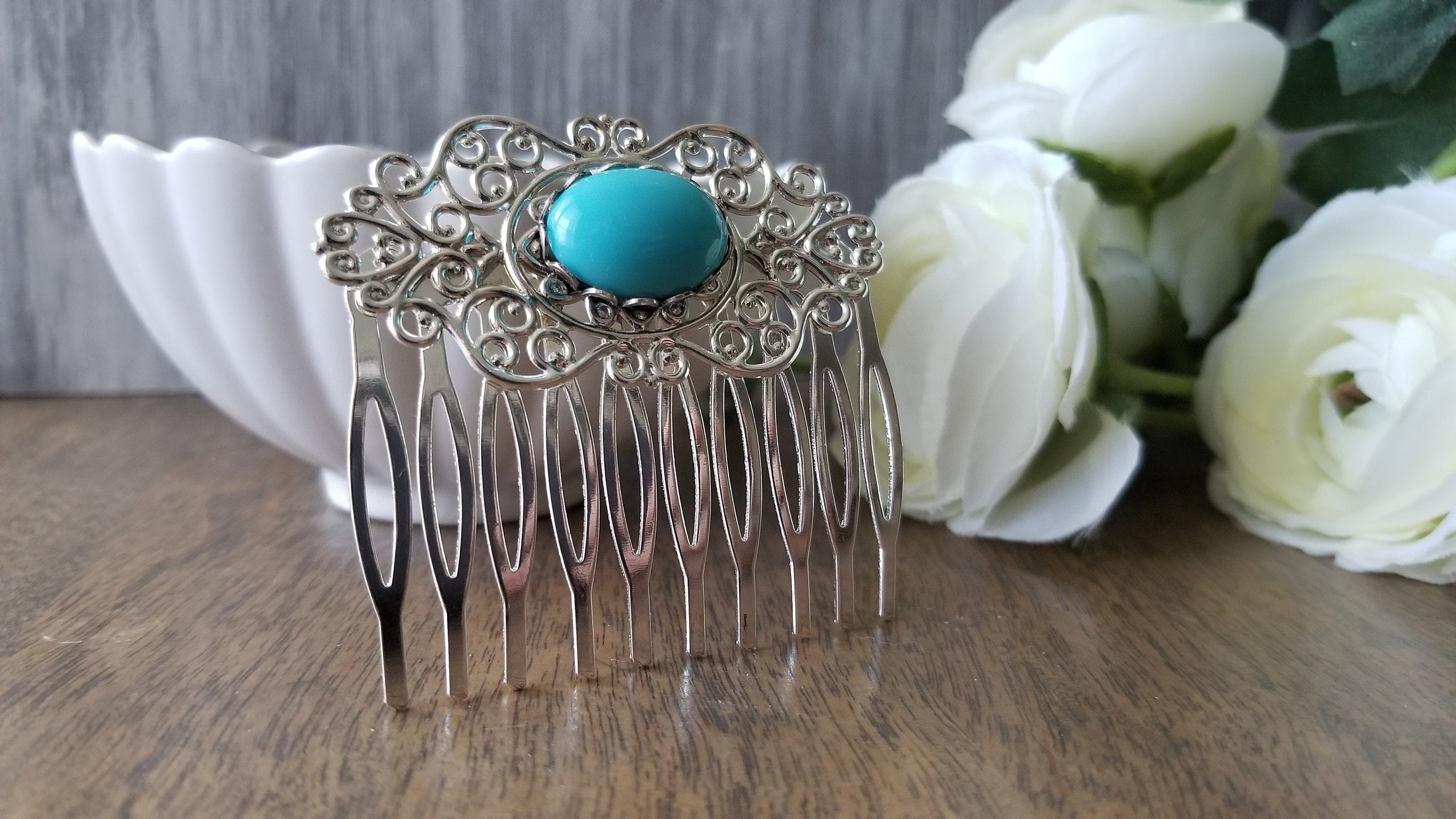 Vintage Style Turquoise Filigree Hair Comb in Silver | Etsy