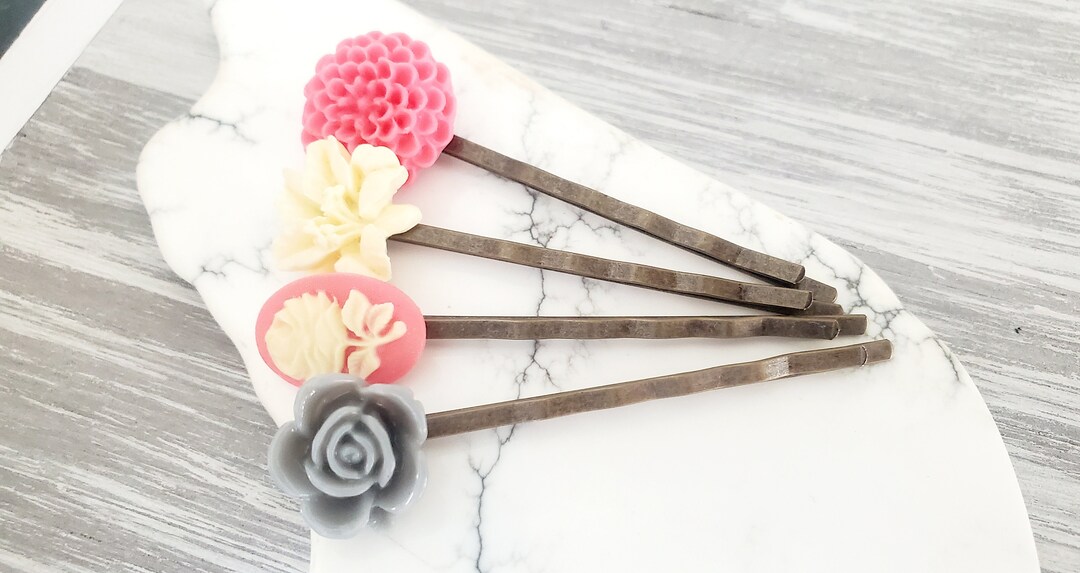 Pink Rose Cameo and Flower Bobby Pin Set in Bronze - Etsy