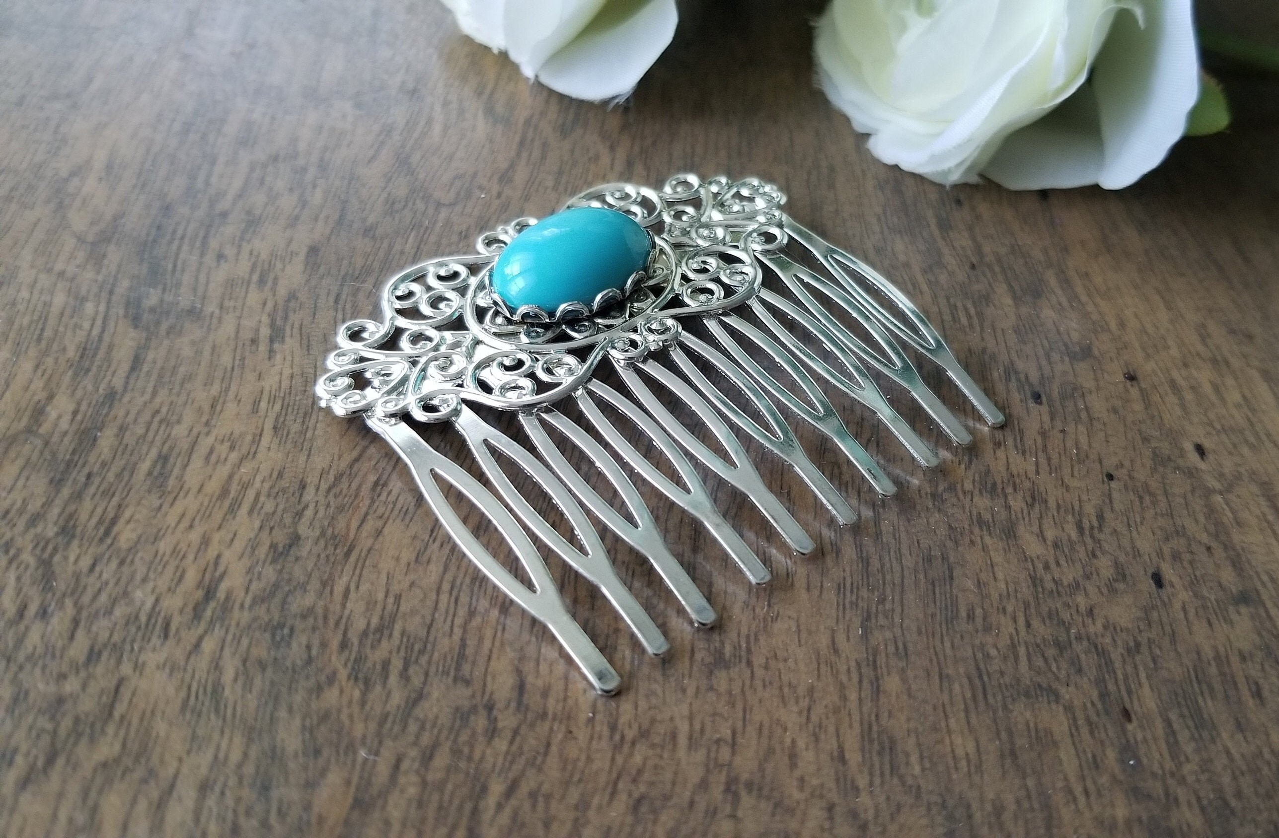 Vintage Style Turquoise Filigree Hair Comb in Silver | Etsy