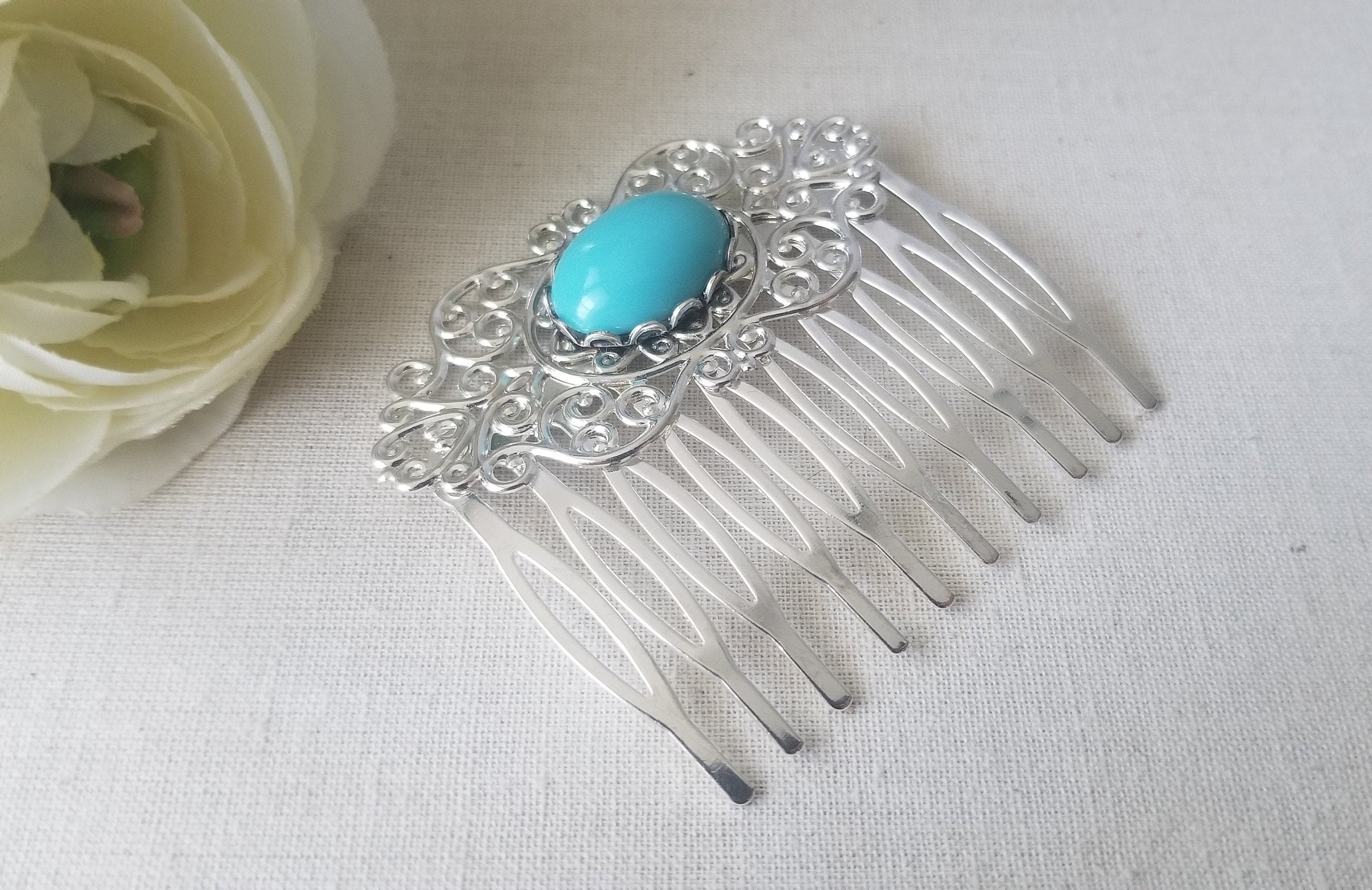 Vintage Style Turquoise Filigree Hair Comb in Silver | Etsy