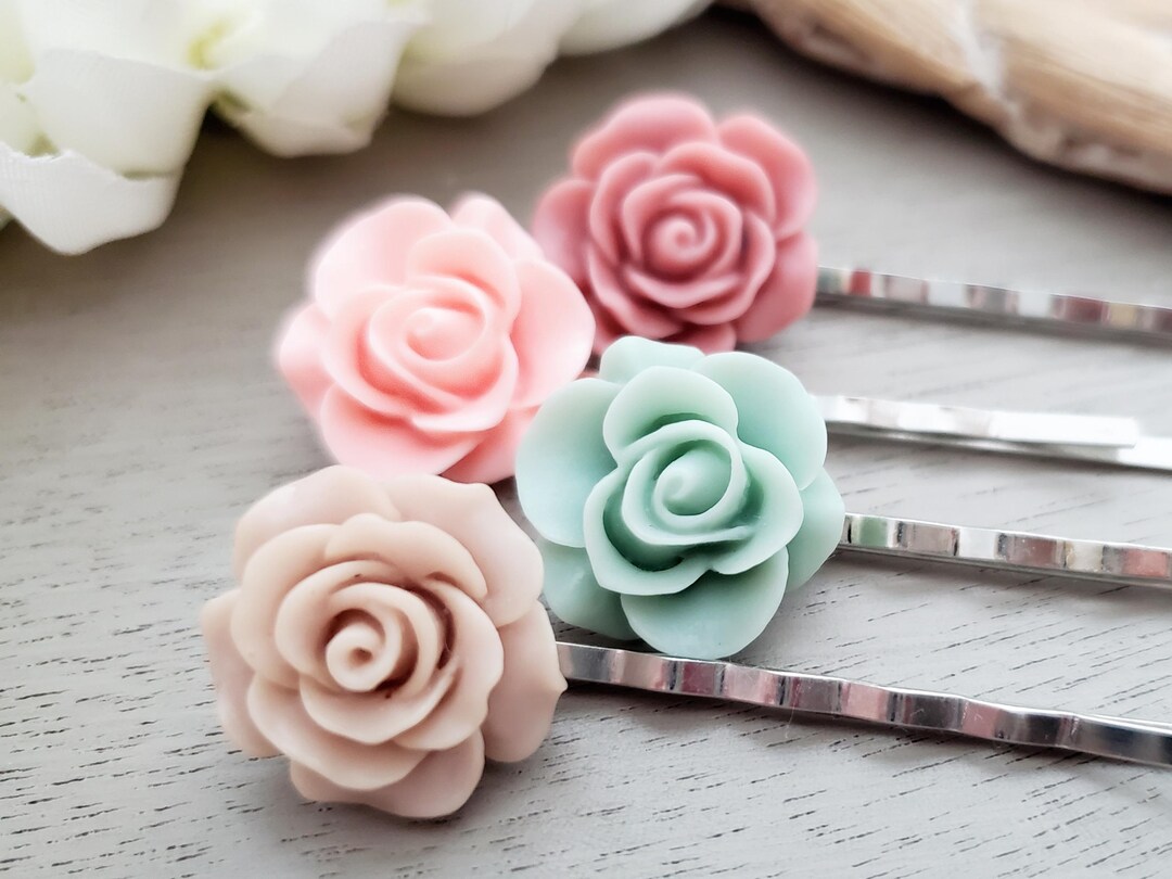 Floral Bobby Pin Set: Blush Pink and Mint Green Flower Hair Pins - Etsy