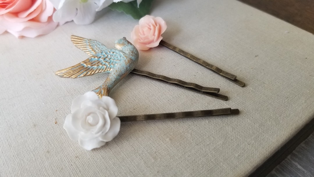 Bird and Flower Bobby Pin Set in Bronze - Etsy