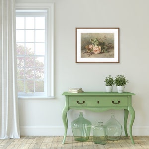 Roses Fine Art Poster Antique Painting Reproduction Vintage Green Pink ...