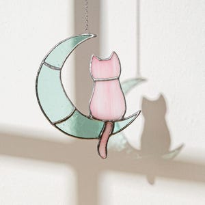 Cat on Moon Hanging Art, Stained Glass Panel, Cat Suncatcher, Cat Mom ...