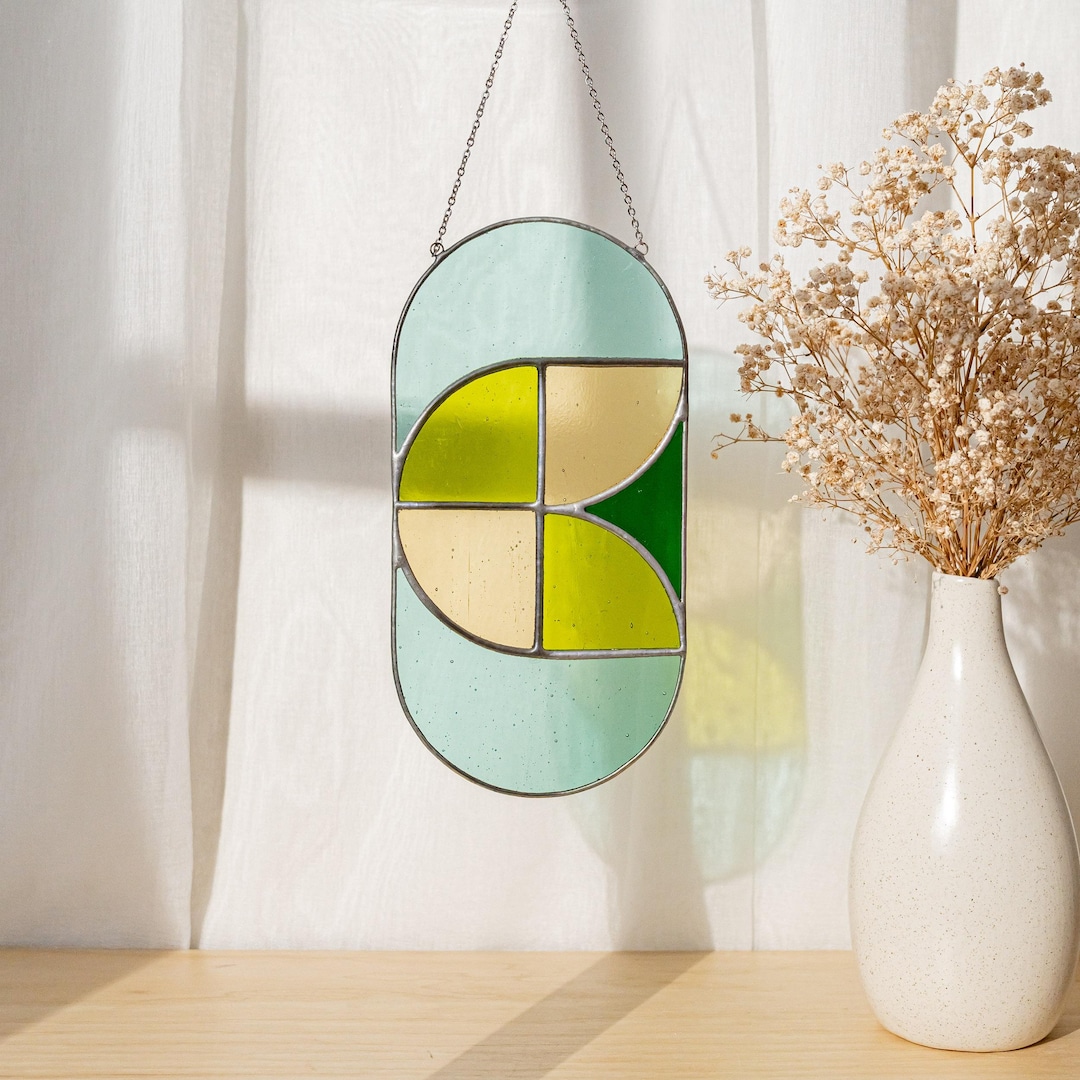 Geometric Stained Glass Suncatcher, Boho Stained Glass Window Hanging ...