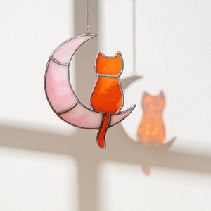 Cat on Moon Hanging Art, Stained Glass Panel, Cat Suncatcher, Cat Mom ...