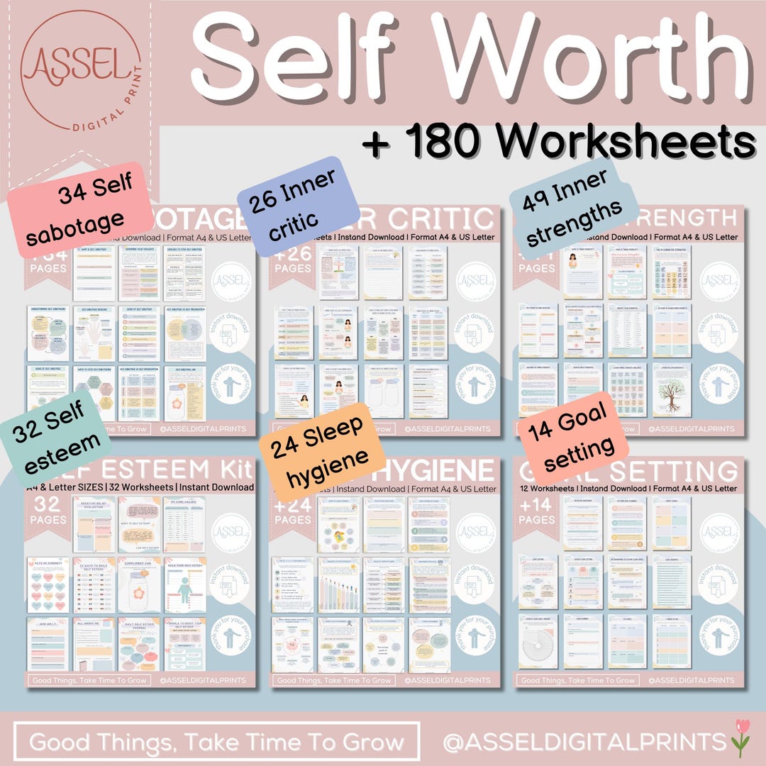 Self-esteem Worksheet Bundle, Inner Strength, Goal Setting, Therapy ...