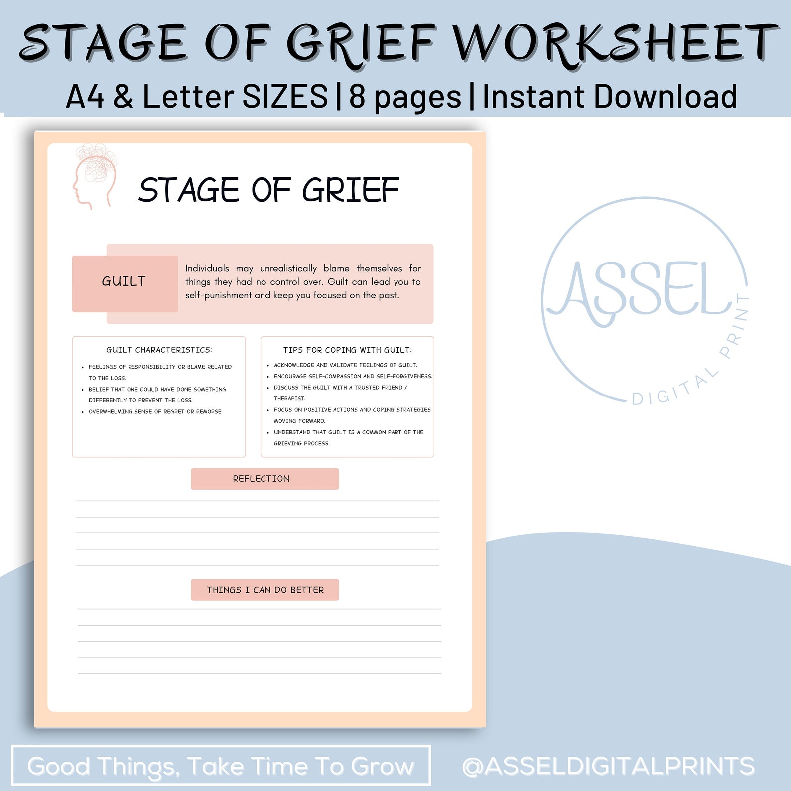 Stages of Grief Worksheets, Grief and Loss, Bereavement, Grief Therapy ...
