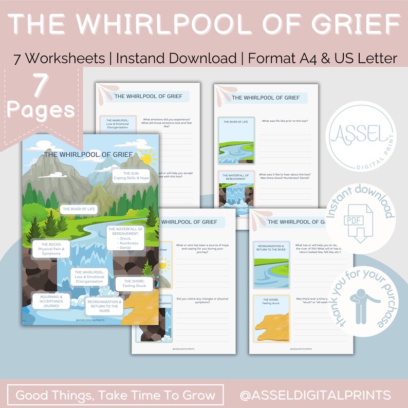 The Grief Whirlpool Worksheets, Stages of Grief, Grief and Loss Journal ...