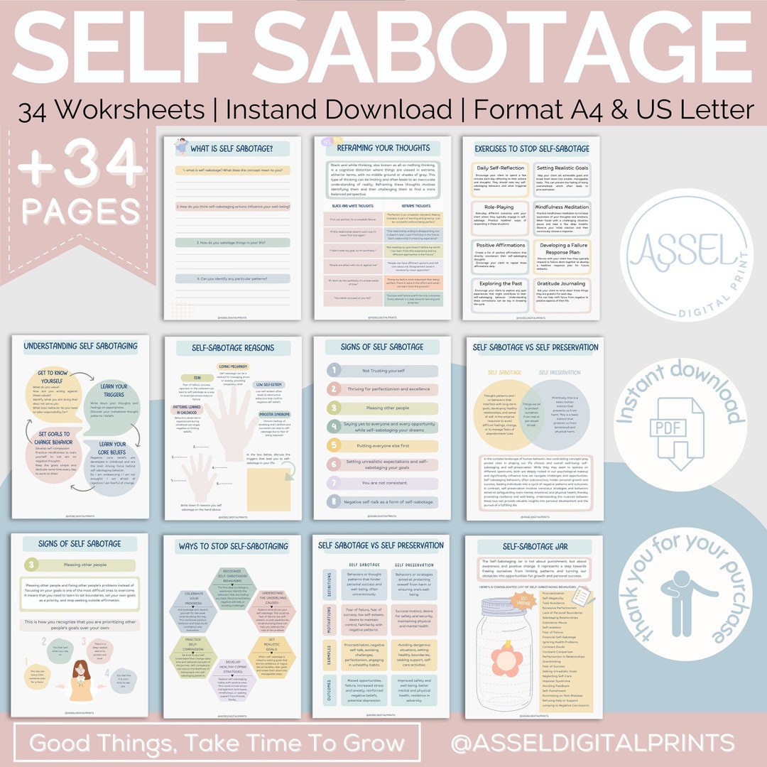 34 Self Sabotage Worksheets Bundle, Self Sabotage Workbook, Therapy ...