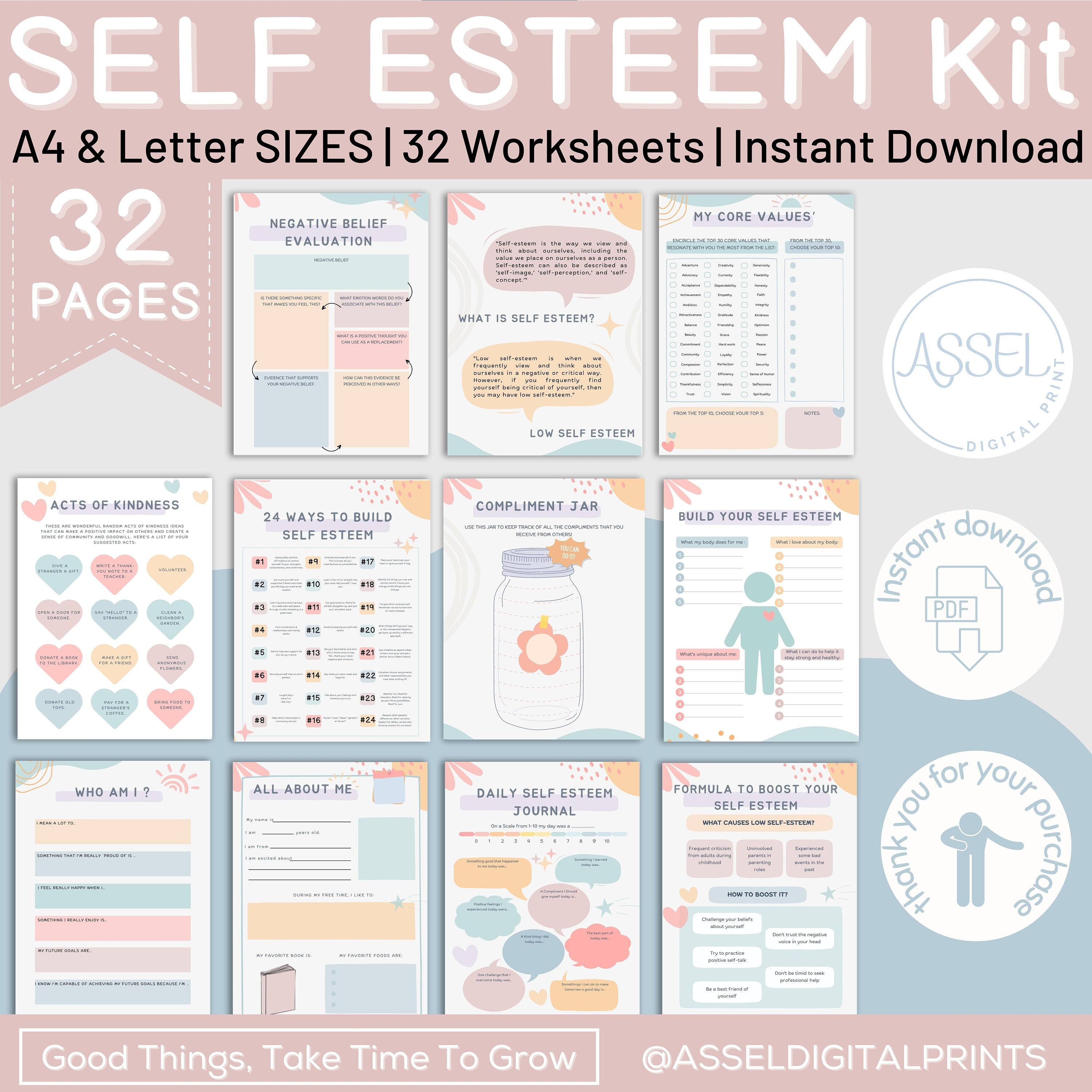 Self Esteem Worksheets Bundle, DBT Confidence, Therapy Resources (PDF ...