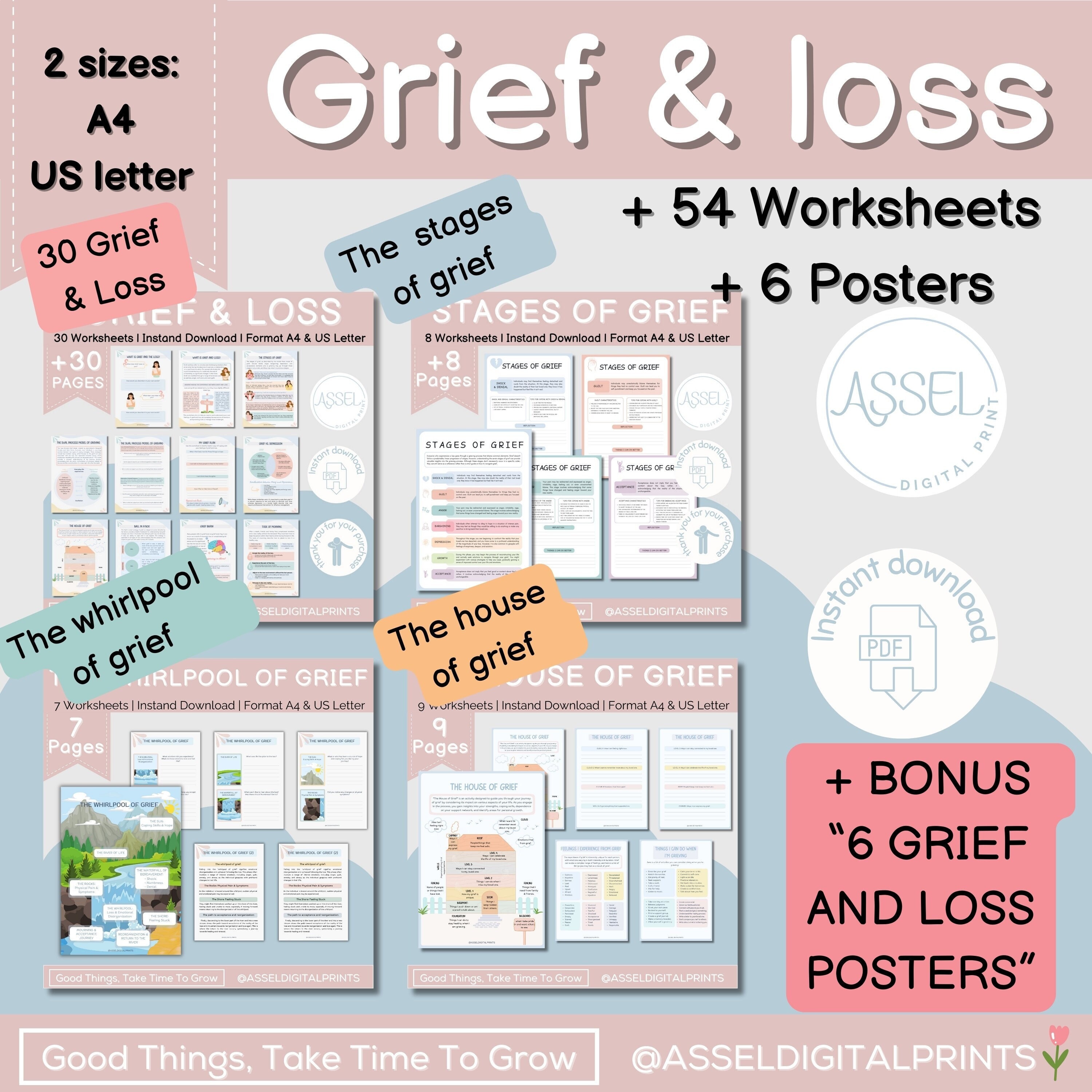 54 Grief and Loss Bundle ,stages of Grief Worksheets, CBT Worksheets ...