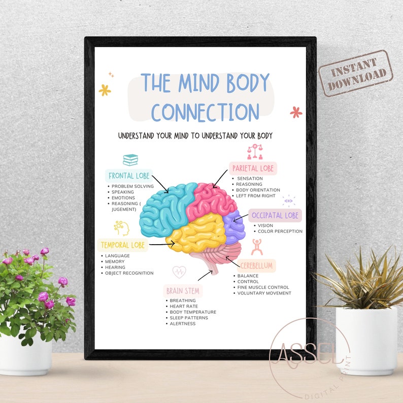 Mind Body Connection Poster, Therapy Office Decor, Brain Parts, Human ...