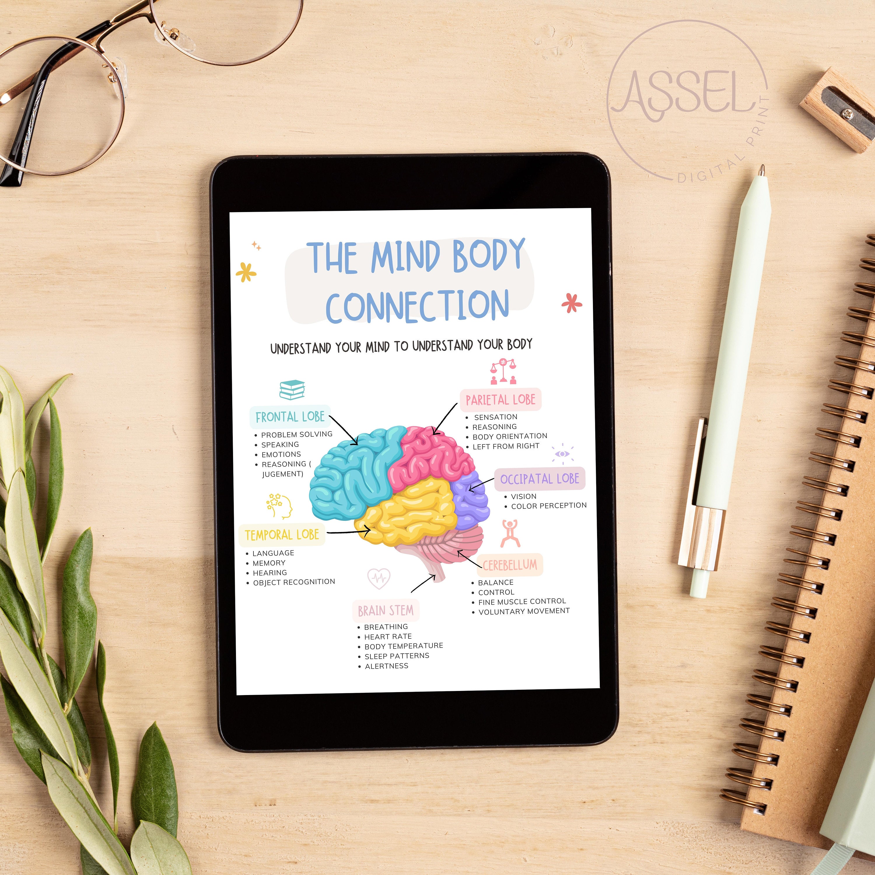 Mind Body Connection Poster, Therapy Office Decor, Brain Parts, Human ...