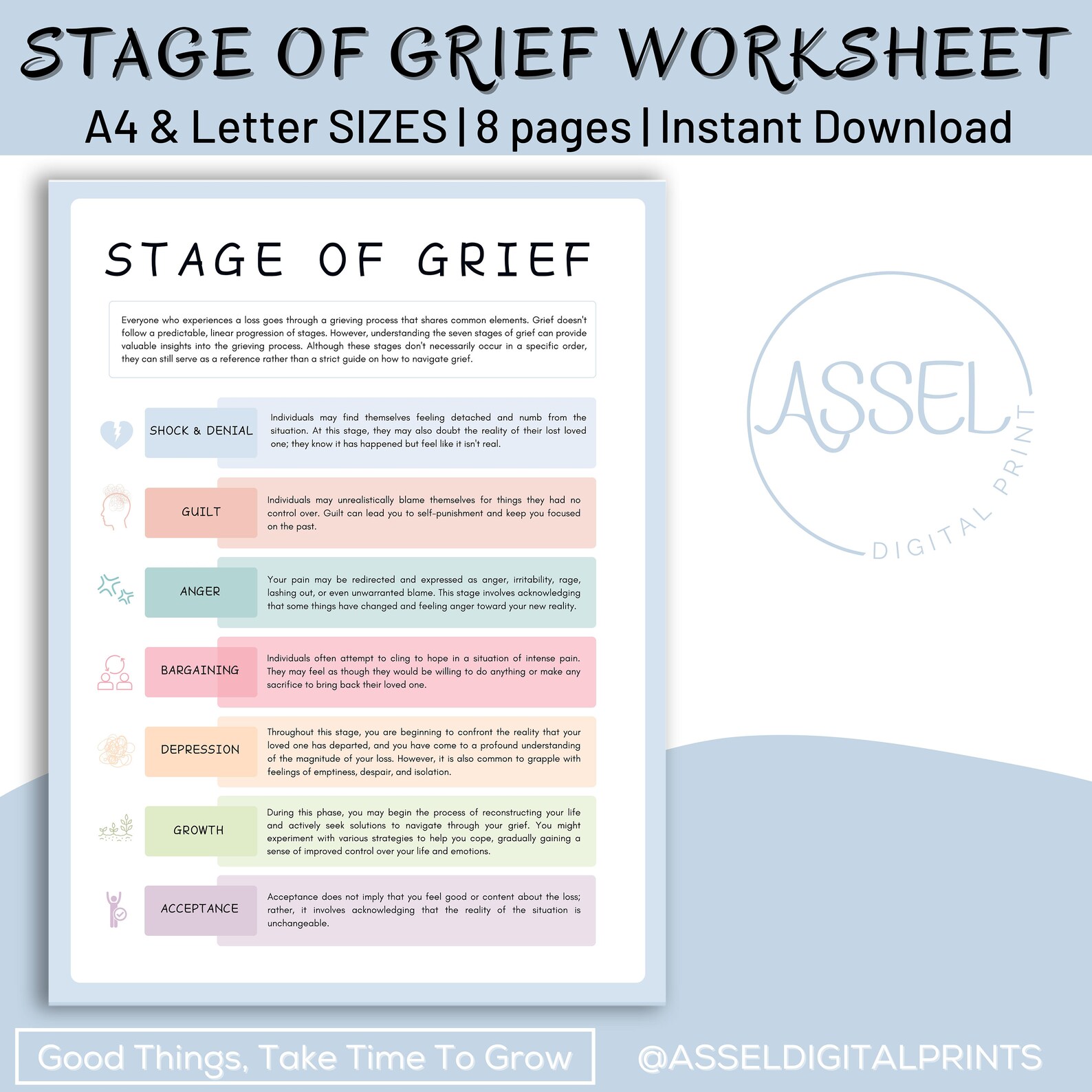 Stages of Grief Worksheets, Grief and Loss, Bereavement, Grief Therapy ...
