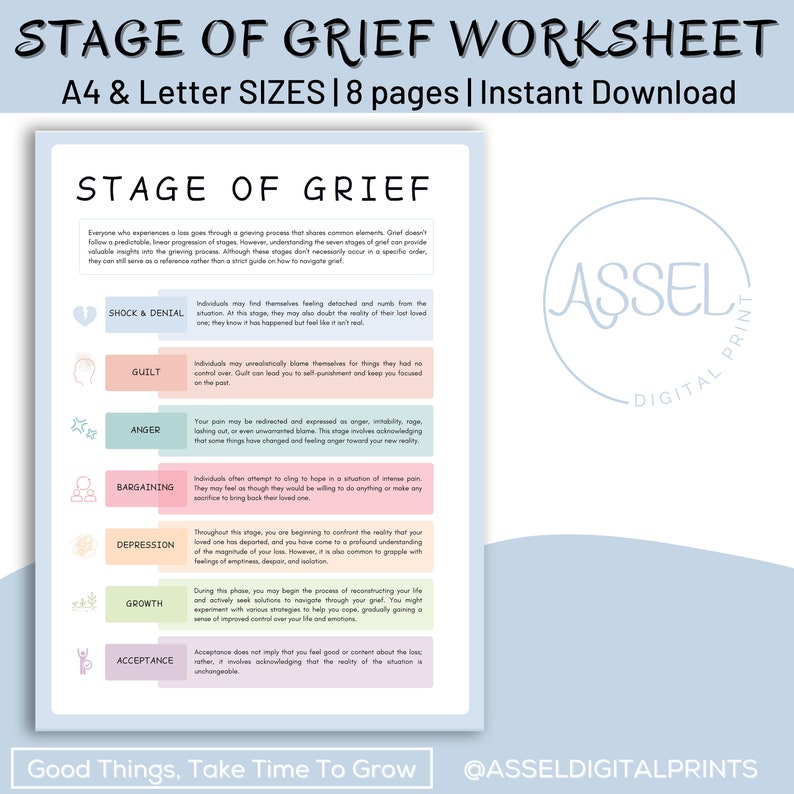 Stages of Grief Worksheets, Grief and Loss, Bereavement, Grief Therapy ...