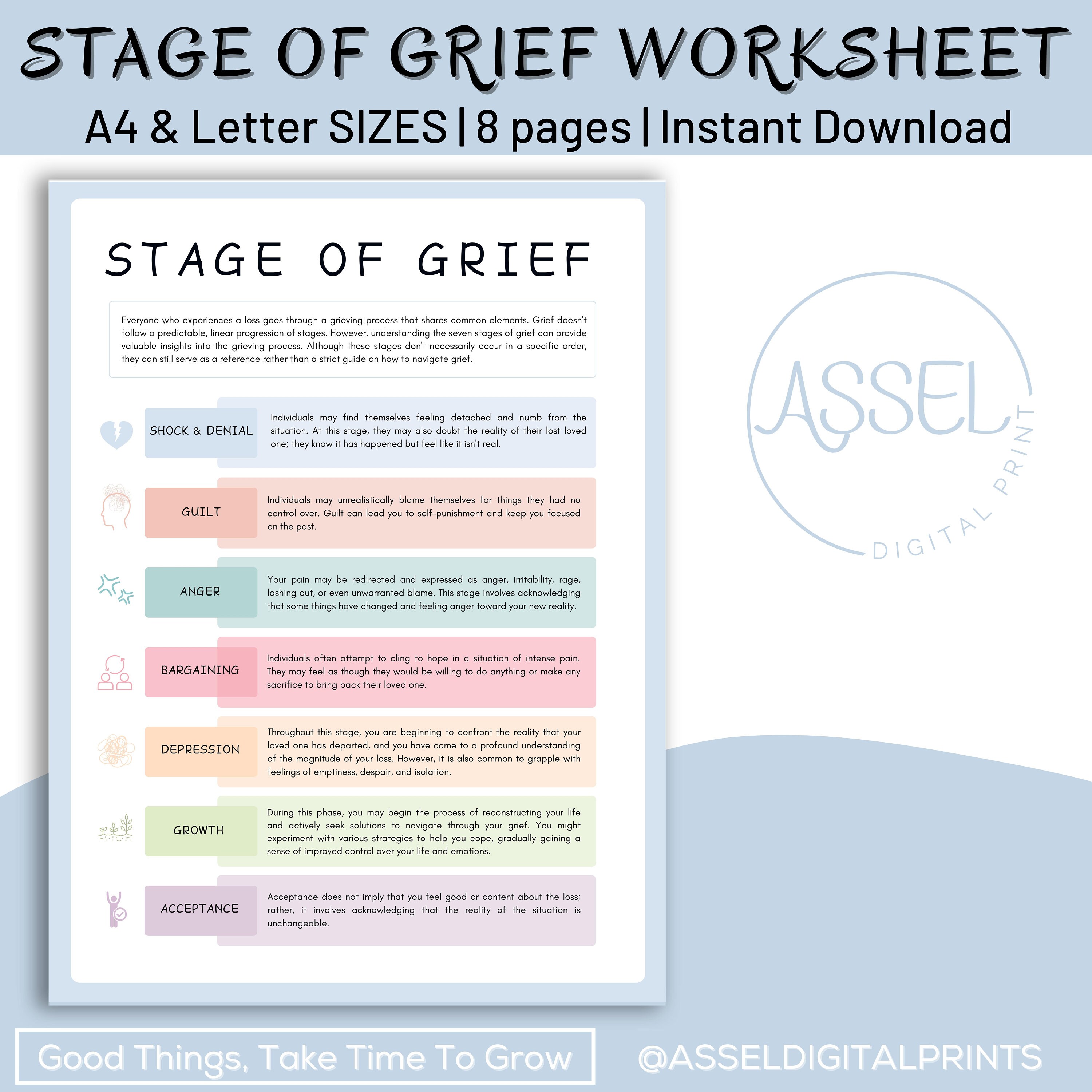Stages of Grief Worksheets, Grief and Loss, Bereavement, Grief Therapy, Death and Loss, Coping ...