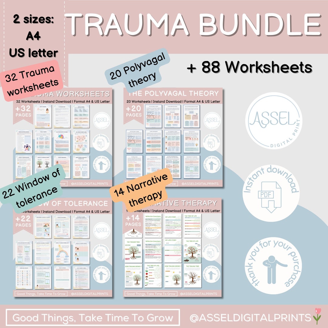 88 Trauma Therapy Worksheets Bundle, PTSD ,polyvagal Theory, Life of ...