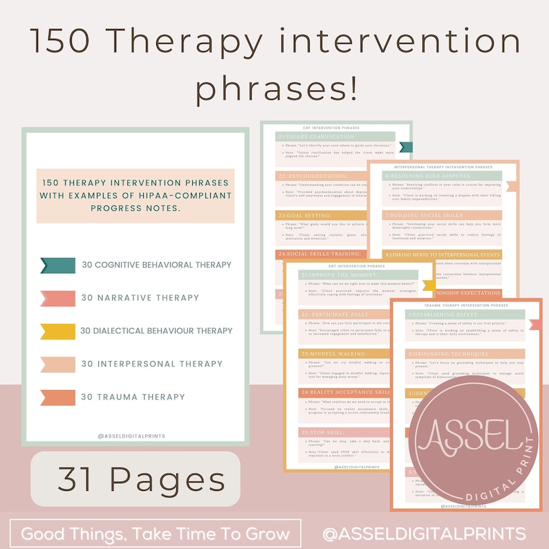 150 Therapy Intervention Phrases, HIPAA Compliant Progress Notes ...