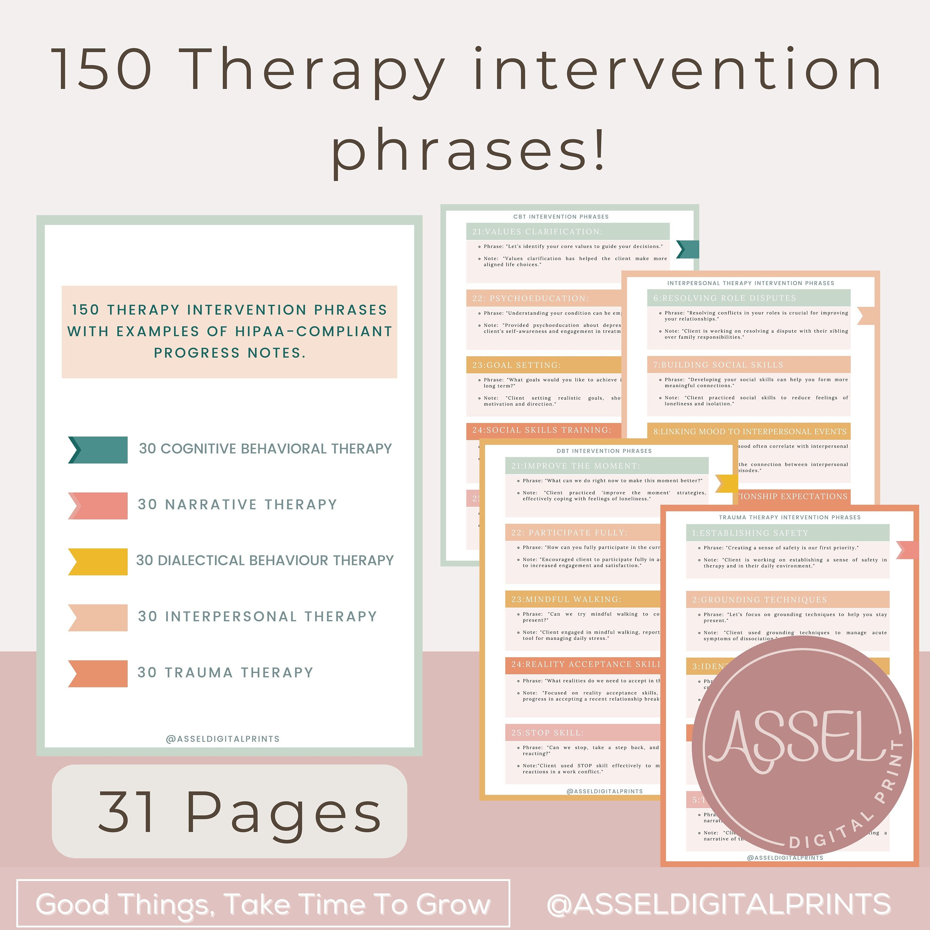 150 Therapy Intervention Phrases HIPAA Compliant Progress Note ...