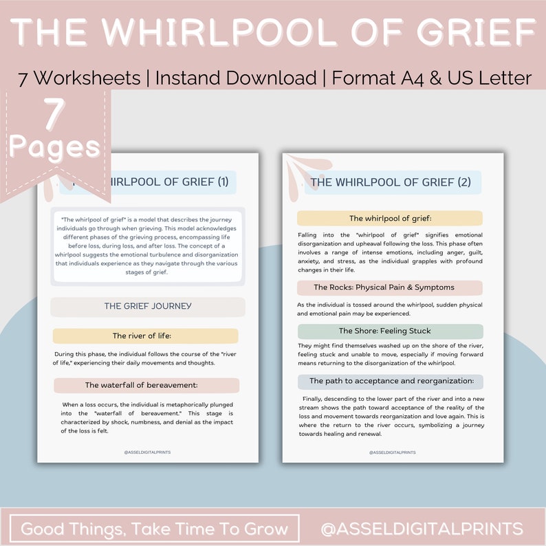 The Grief Whirlpool Worksheets, Stages of Grief, Grief and Loss Journal,narrative Therapy,child ...