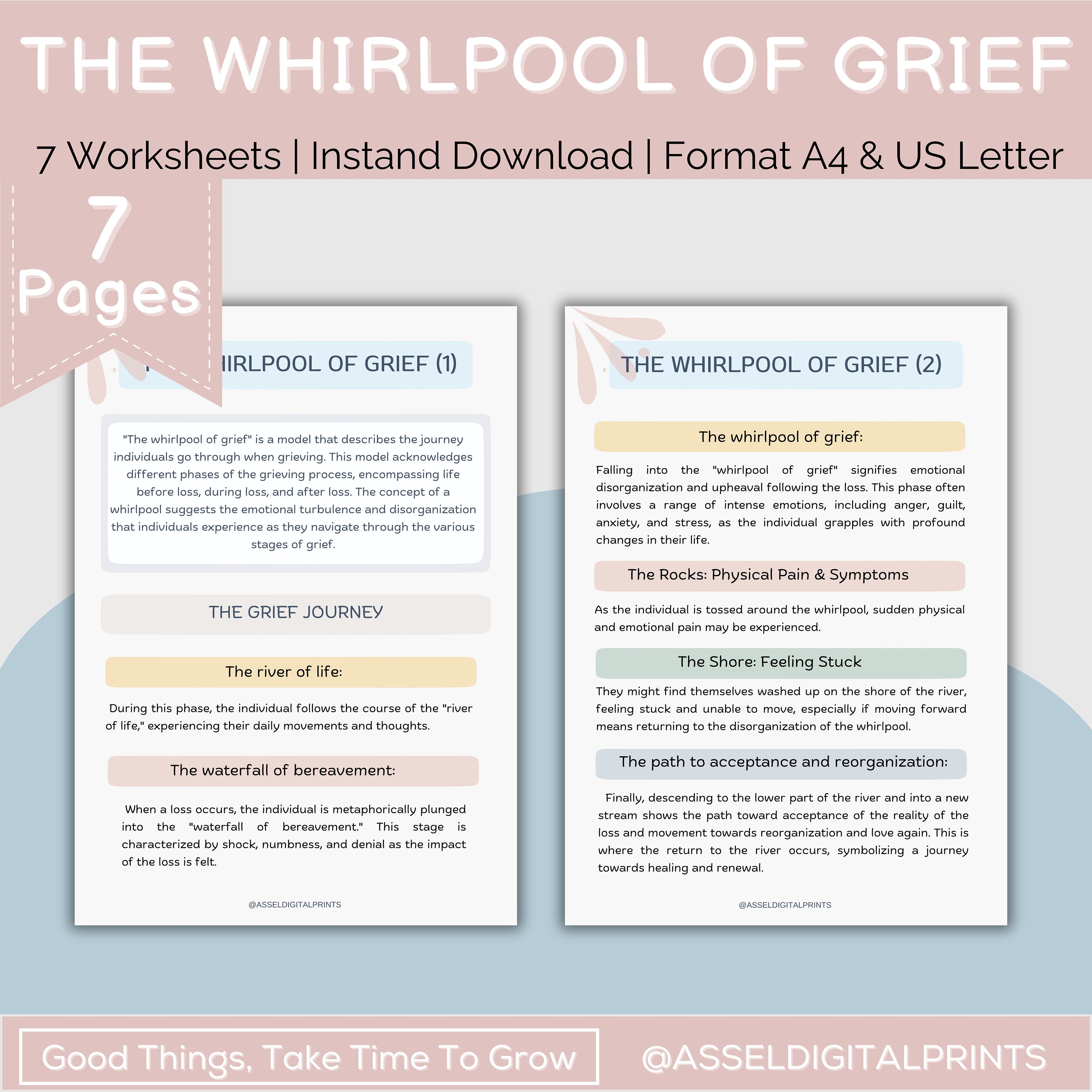 The Grief Whirlpool Worksheets, Stages of Grief, Grief and Loss Journal ...