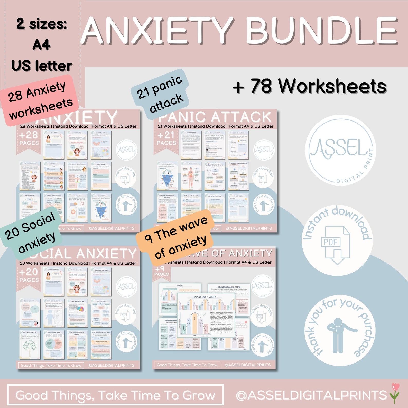78 Anxiety Therapy Worksheets Bundle, the Wave of Anxiety, Social ...