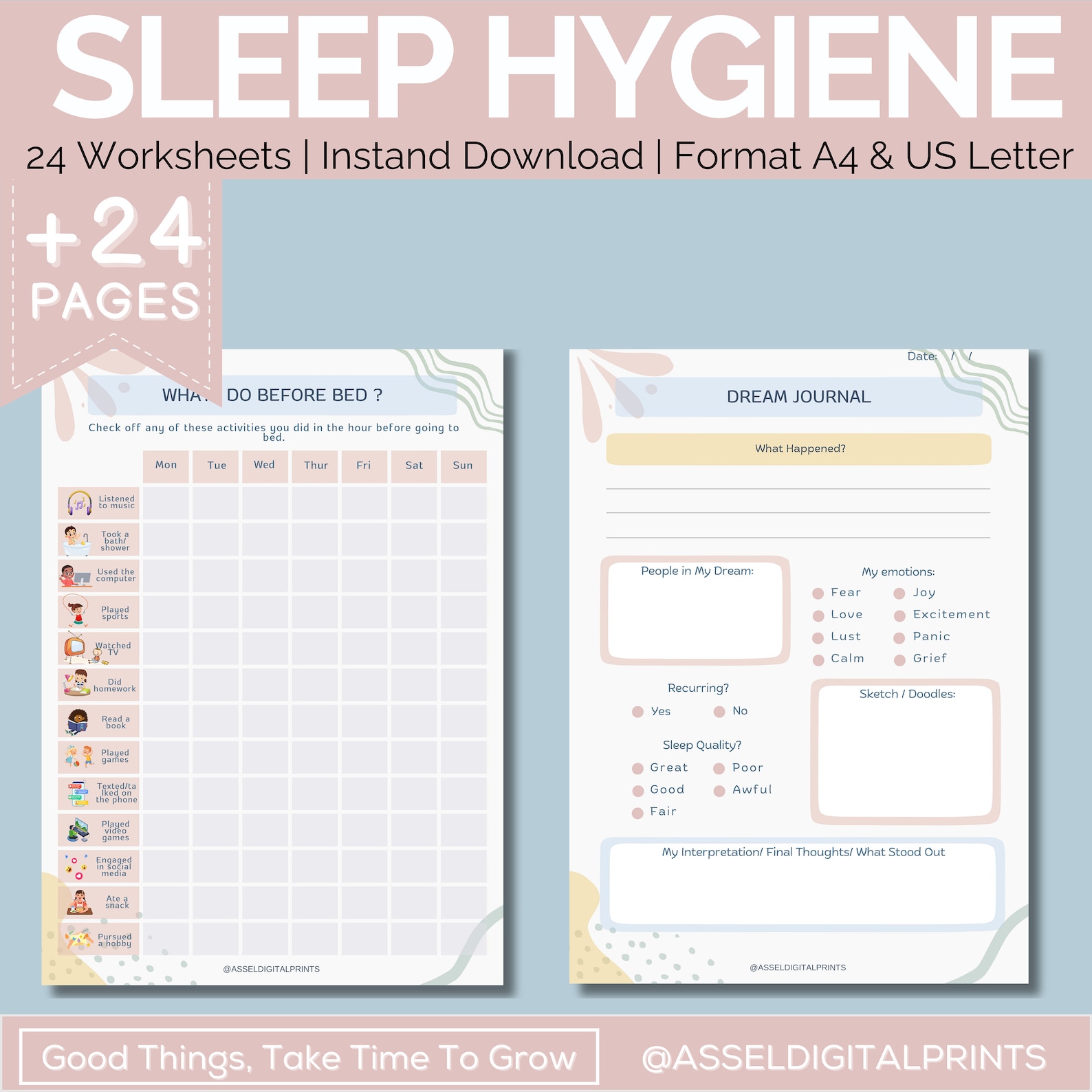 Sleep Hygiene Worksheets, CBT, Insomnia, Sleep Journal (digital ...