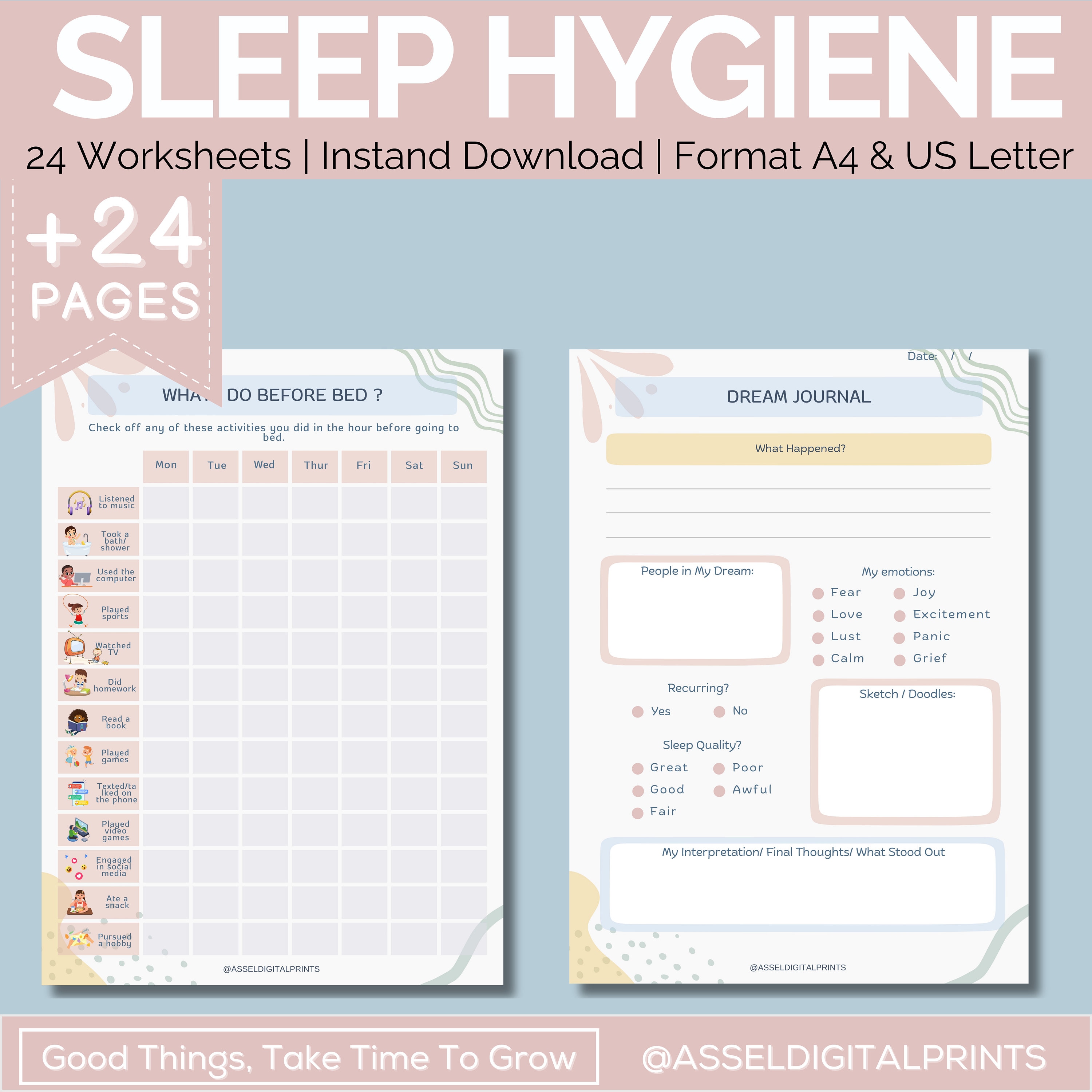 Sleep Hygiene Worksheets, CBT, Insomnia, Sleep Journal (digital ...