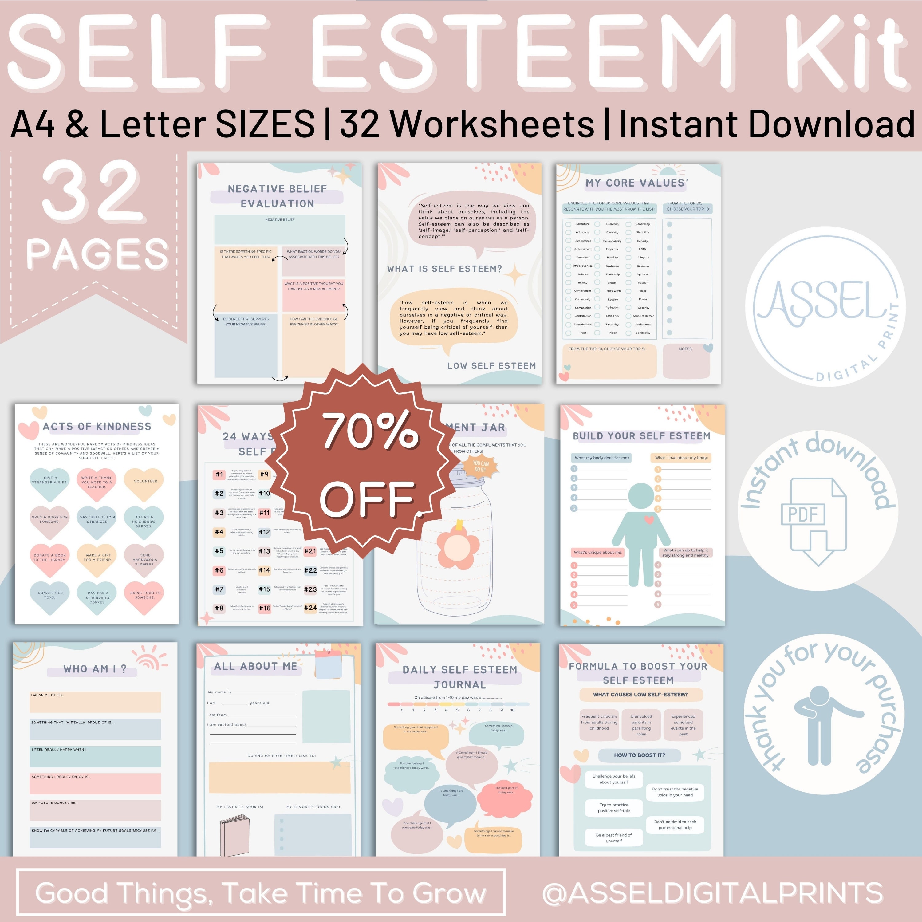 Self Worth Worksheets Bundle, Self Esteem, Inner Critic (PDF Download ...