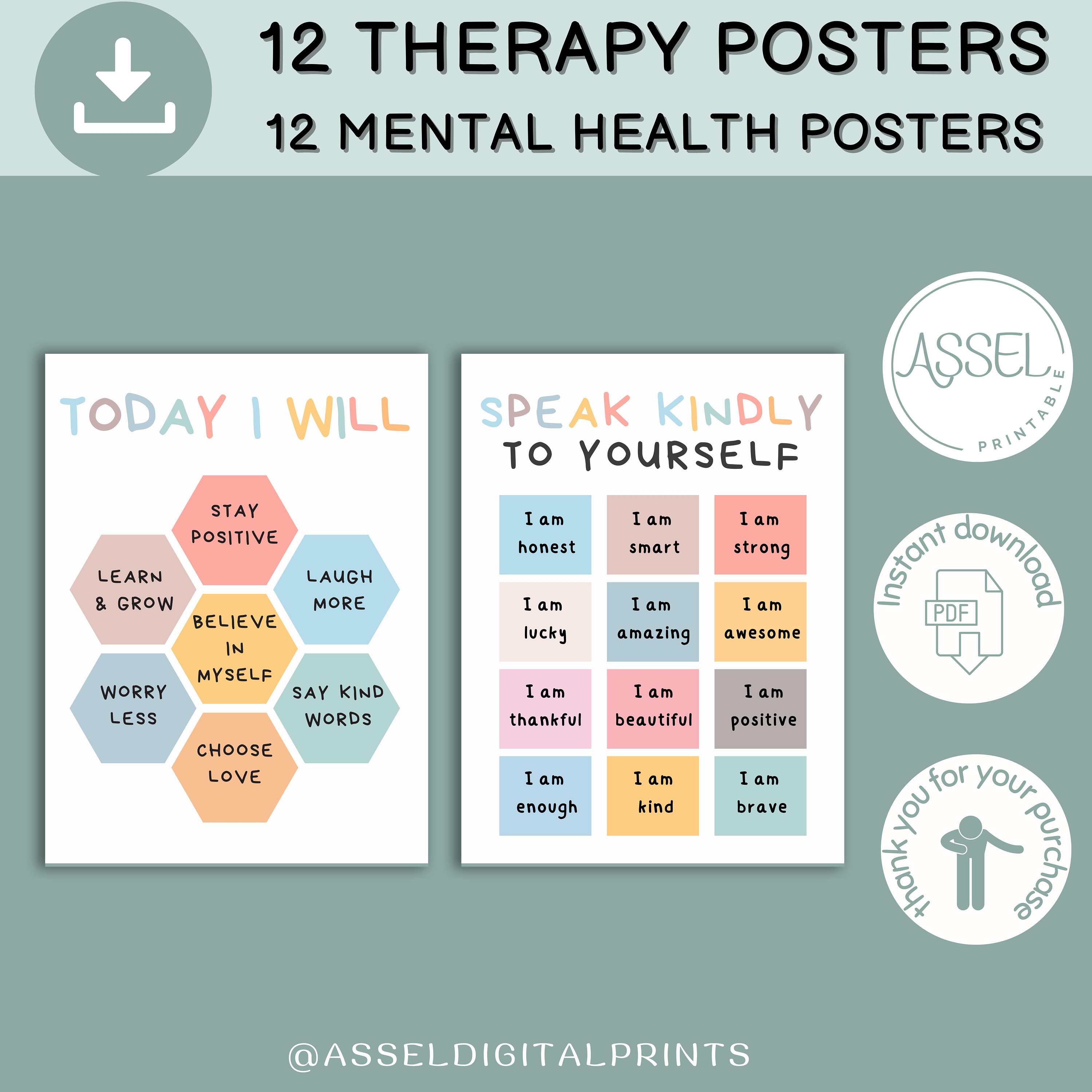 Set of 12 Therapist Office Decor School Counselor Posters , Therapist ...