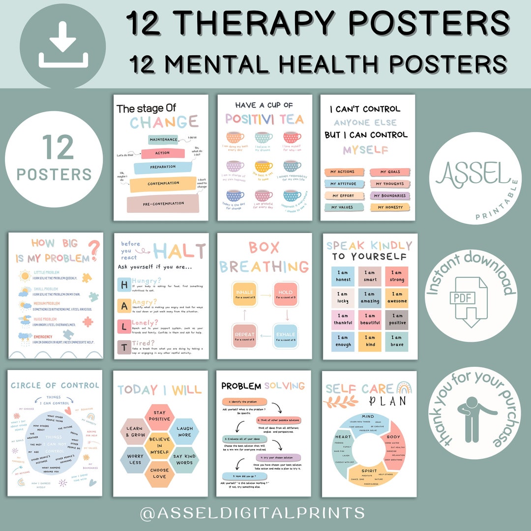 Set of 12 Therapist Office Decor School Counselor Posters , Therapist ...