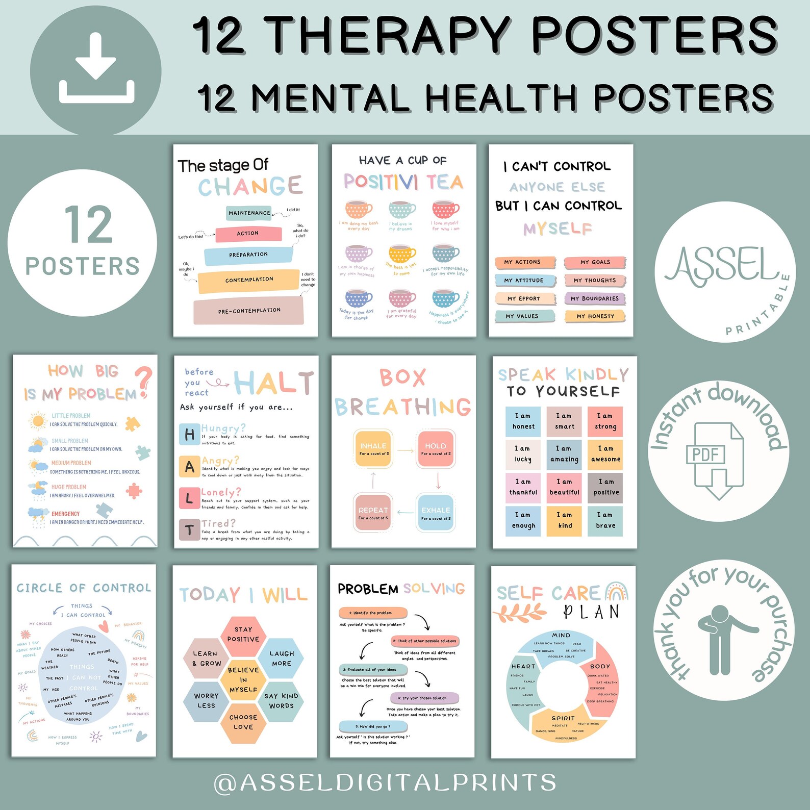 Set of 12 Therapist Office Decor School Counselor Posters , Therapist ...