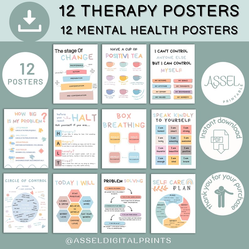 Set of 12 Therapist Office Decor School Counselor Posters , Therapist ...