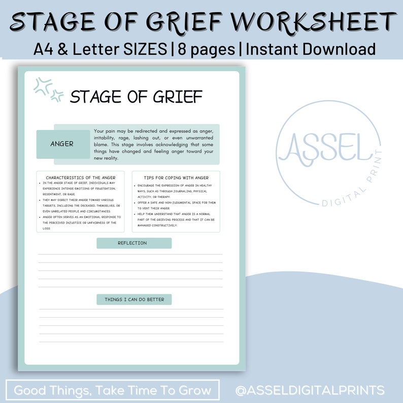 Stages of Grief Worksheets, Grief and Loss, Bereavement, Grief Therapy ...