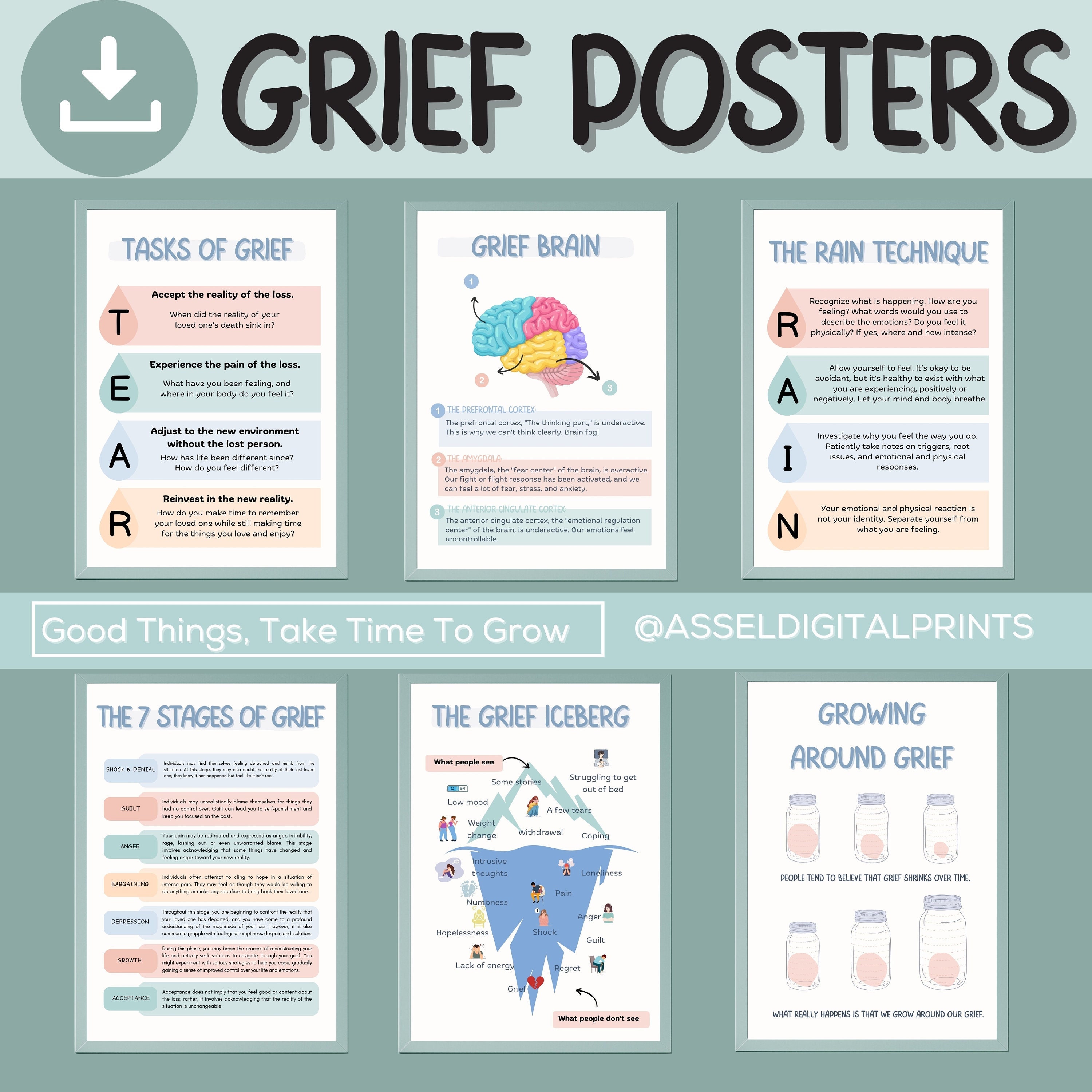 Grief and Loss Poster Bundle, Growing Around Grief, Stages of Grief ...
