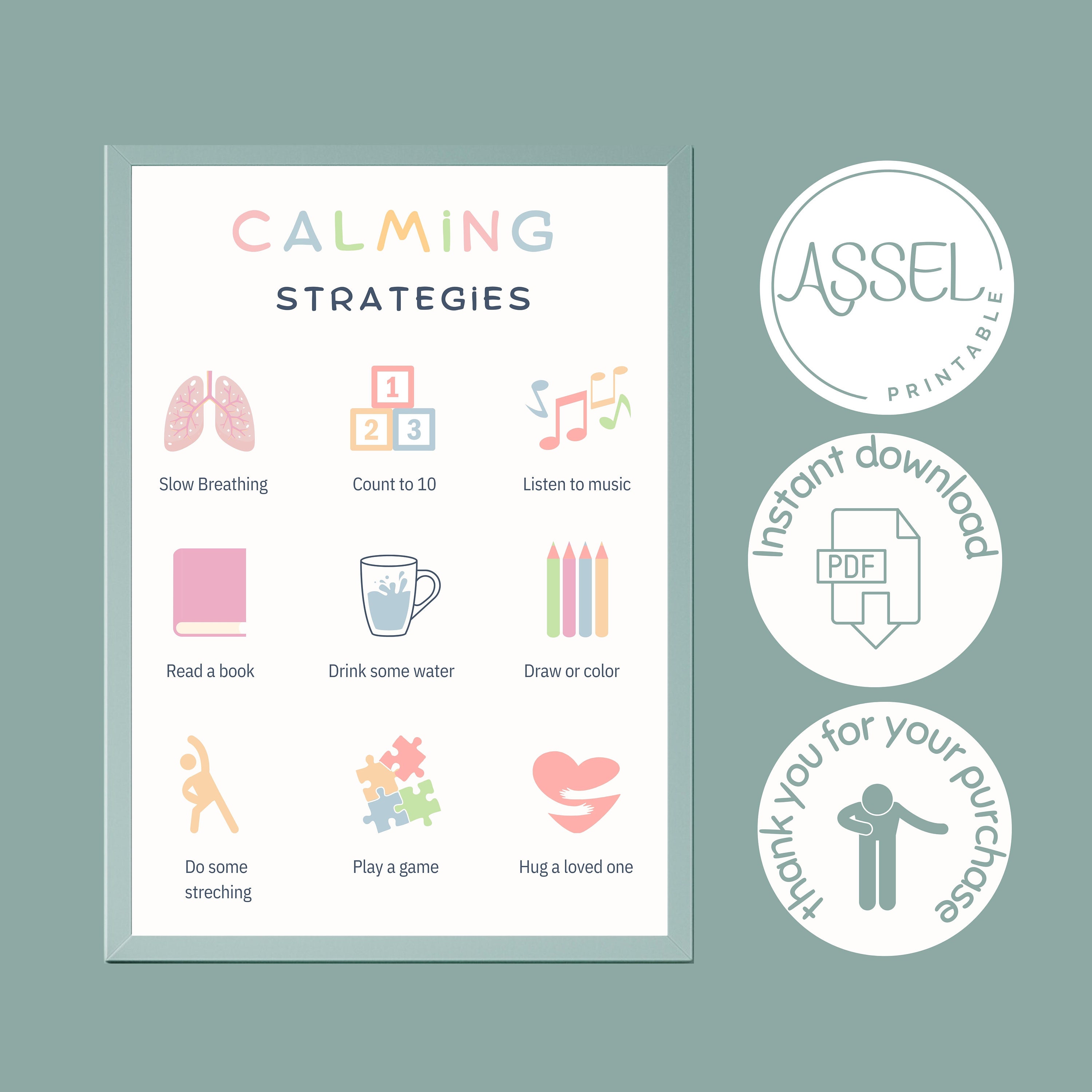 Calming Corner Strategies Poster Chart Therapy Office Decor Print ADHD ...