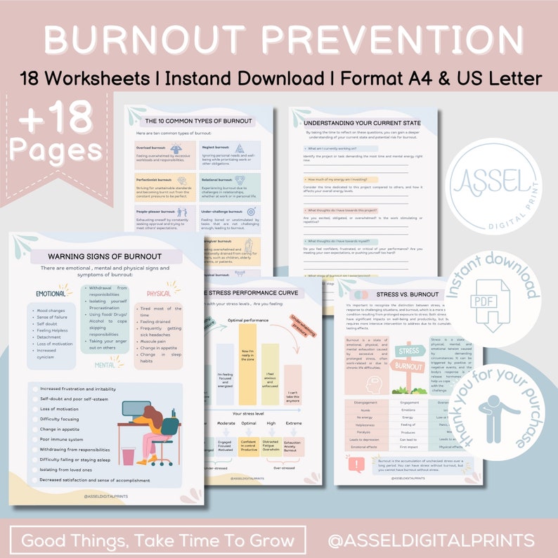 Burnout Prevention Workbook, Overcoming Burnout Worksheets , Stress ...
