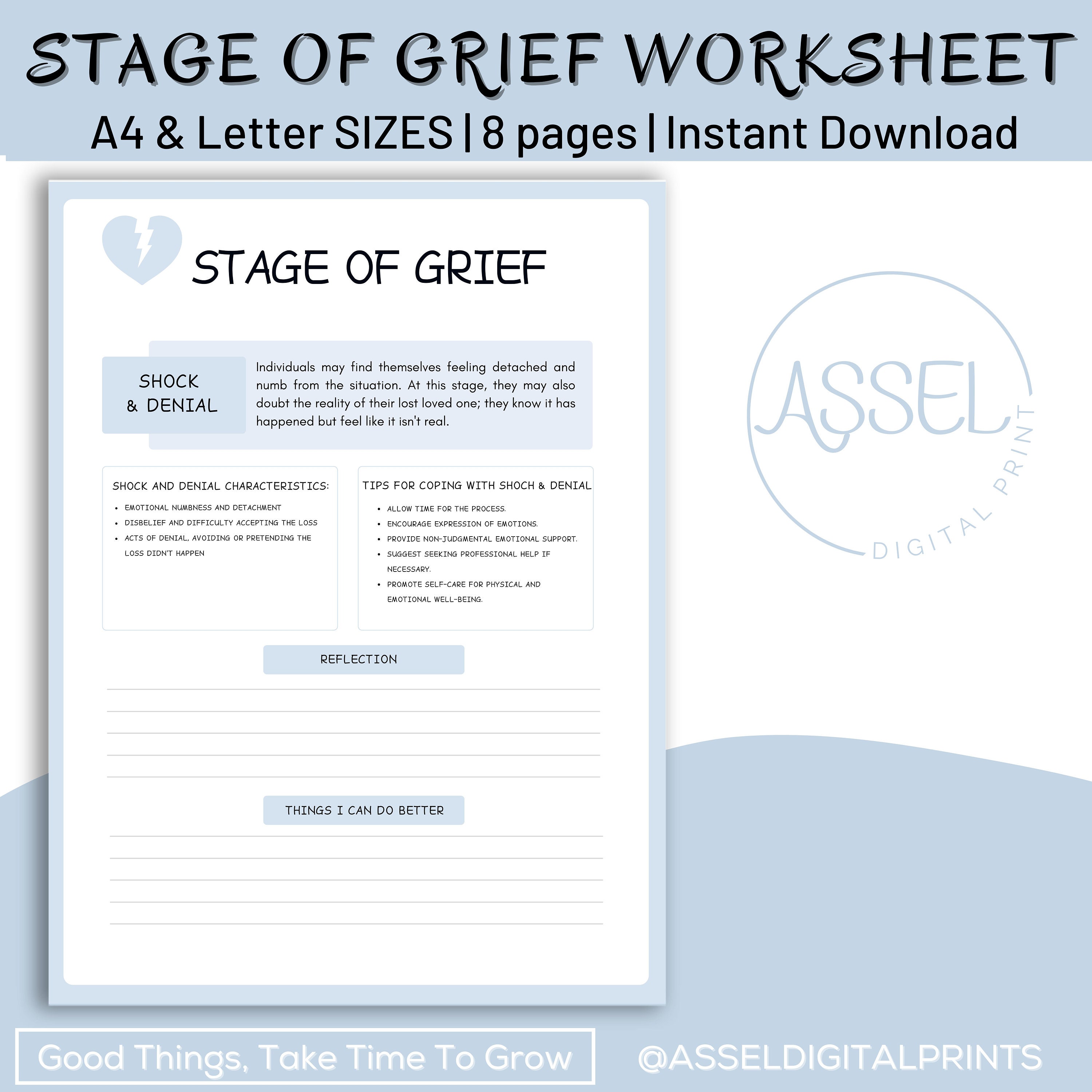 Stages of Grief Worksheets, Grief and Loss, Bereavement, Grief Therapy ...
