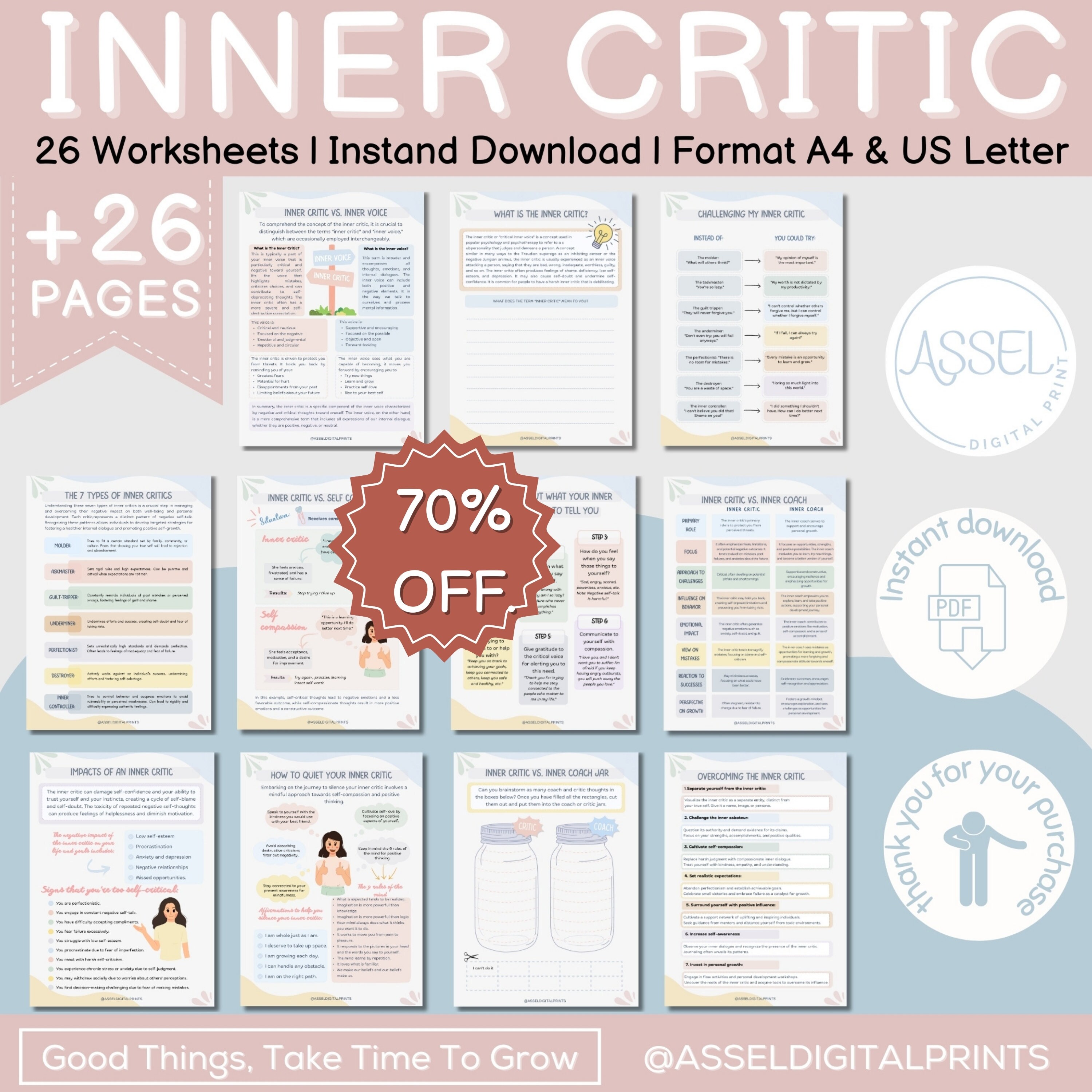 Self Worth Worksheets Bundle, Self Esteem, Inner Critic (PDF Download ...