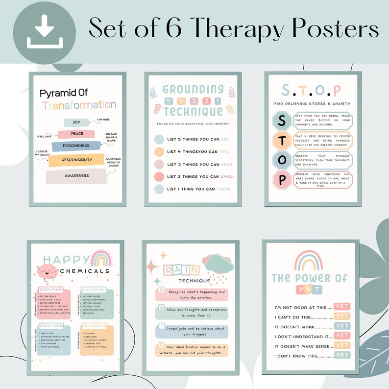 Set of 6 Therapist Office Decor School Counselor Posters Social Worker ...