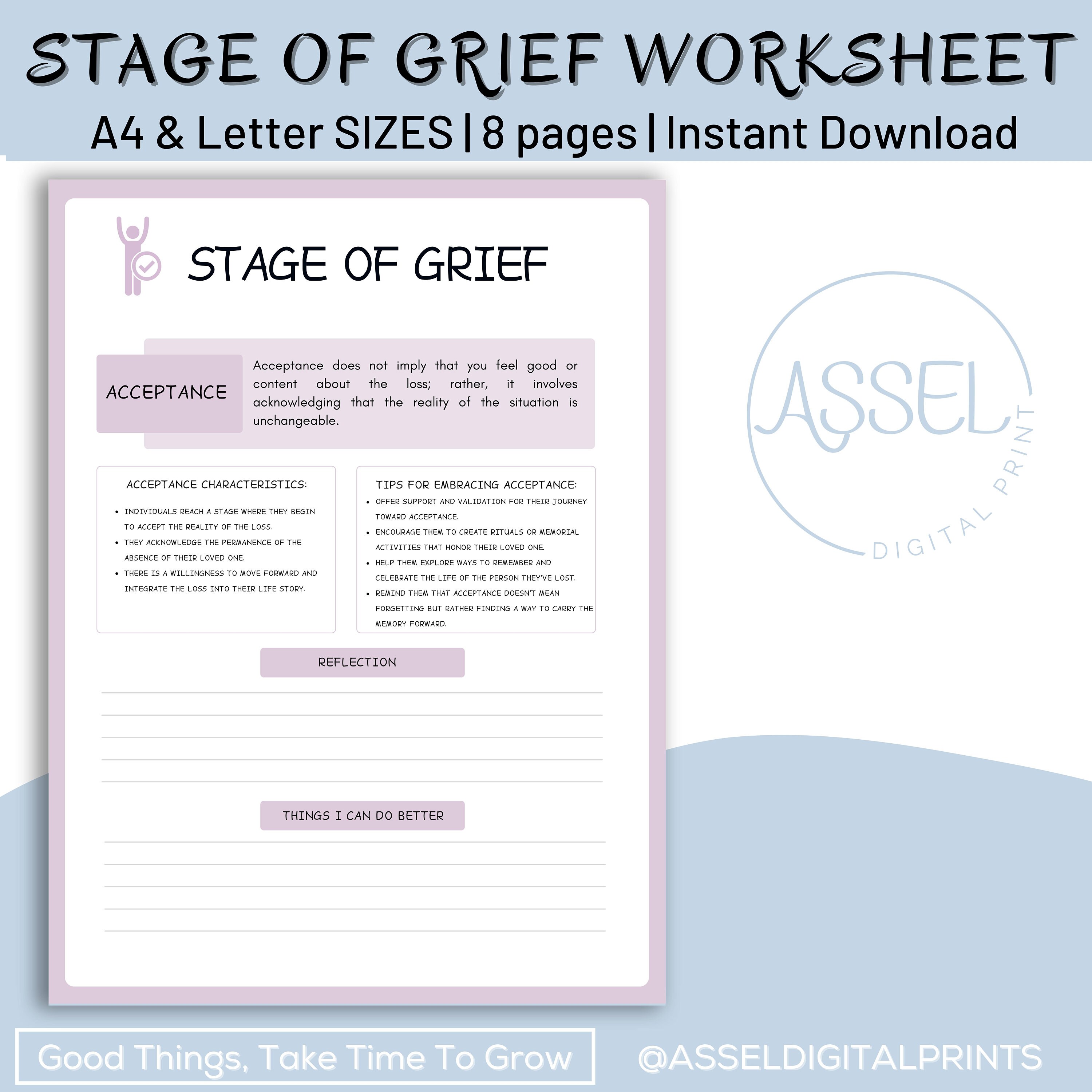 Stages of Grief Worksheets, Grief and Loss, Bereavement, Grief Therapy ...