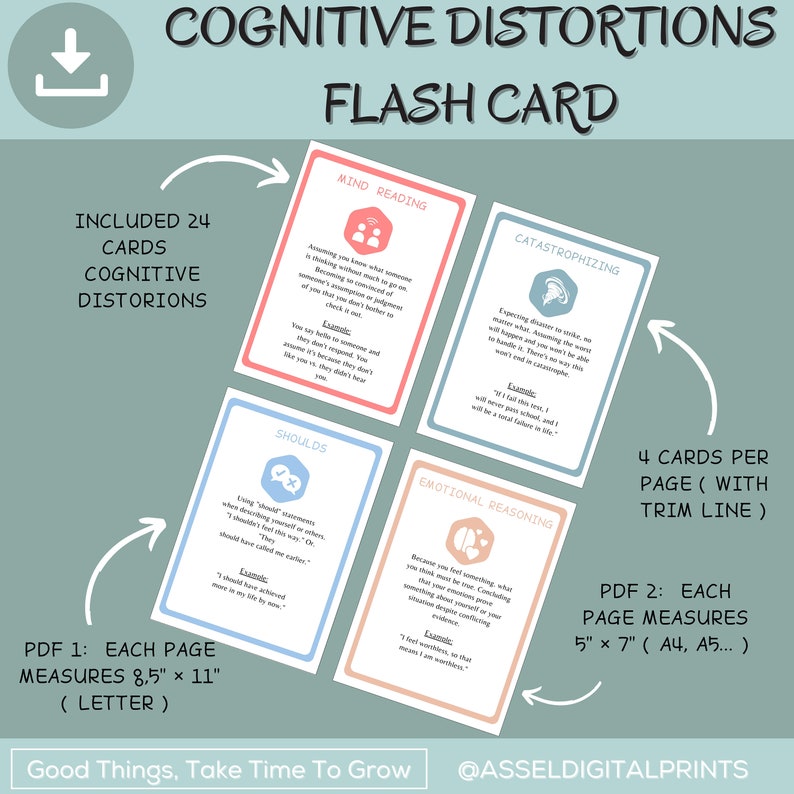 Cognitive Distortion Flash Cards, Cognitive Bias, Mindfulness Cards ...