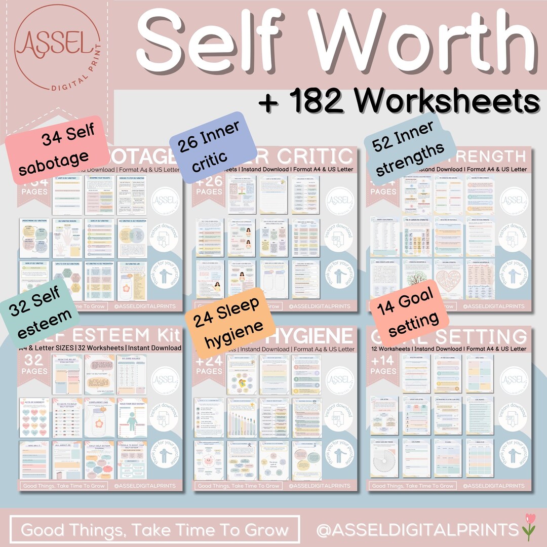 182 Self Worth Bundle, Self Esteem Workbook, Self Sabotage Worksheet ...