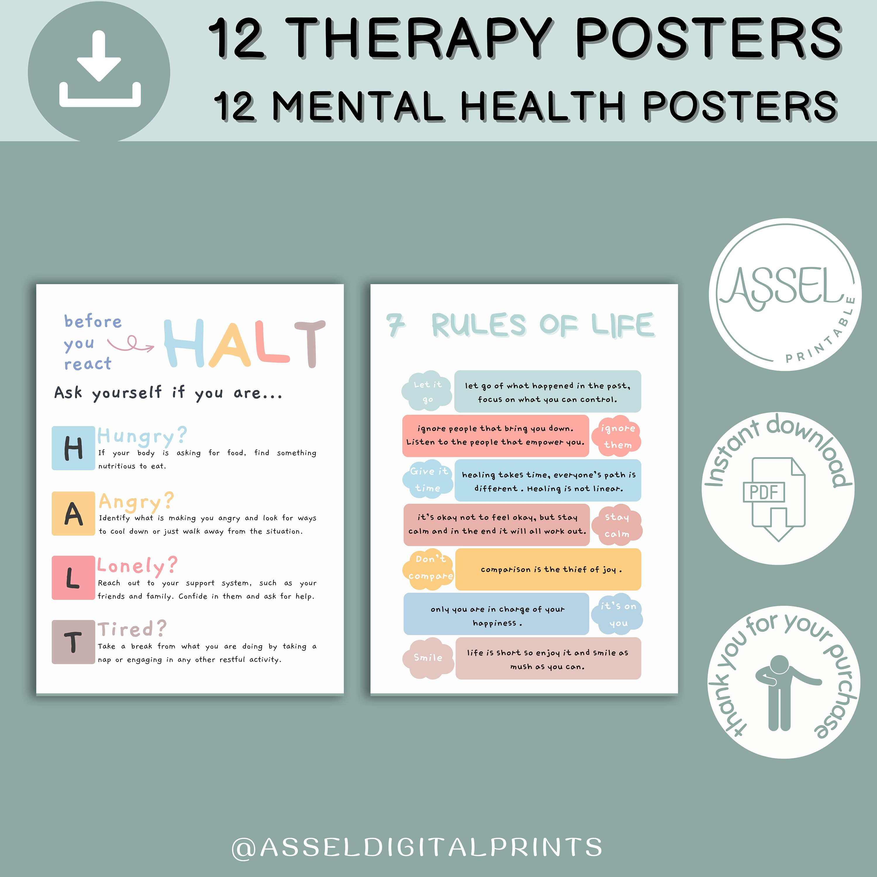 Set of 12 Therapist Office Decor School Counselor Posters , Therapist ...